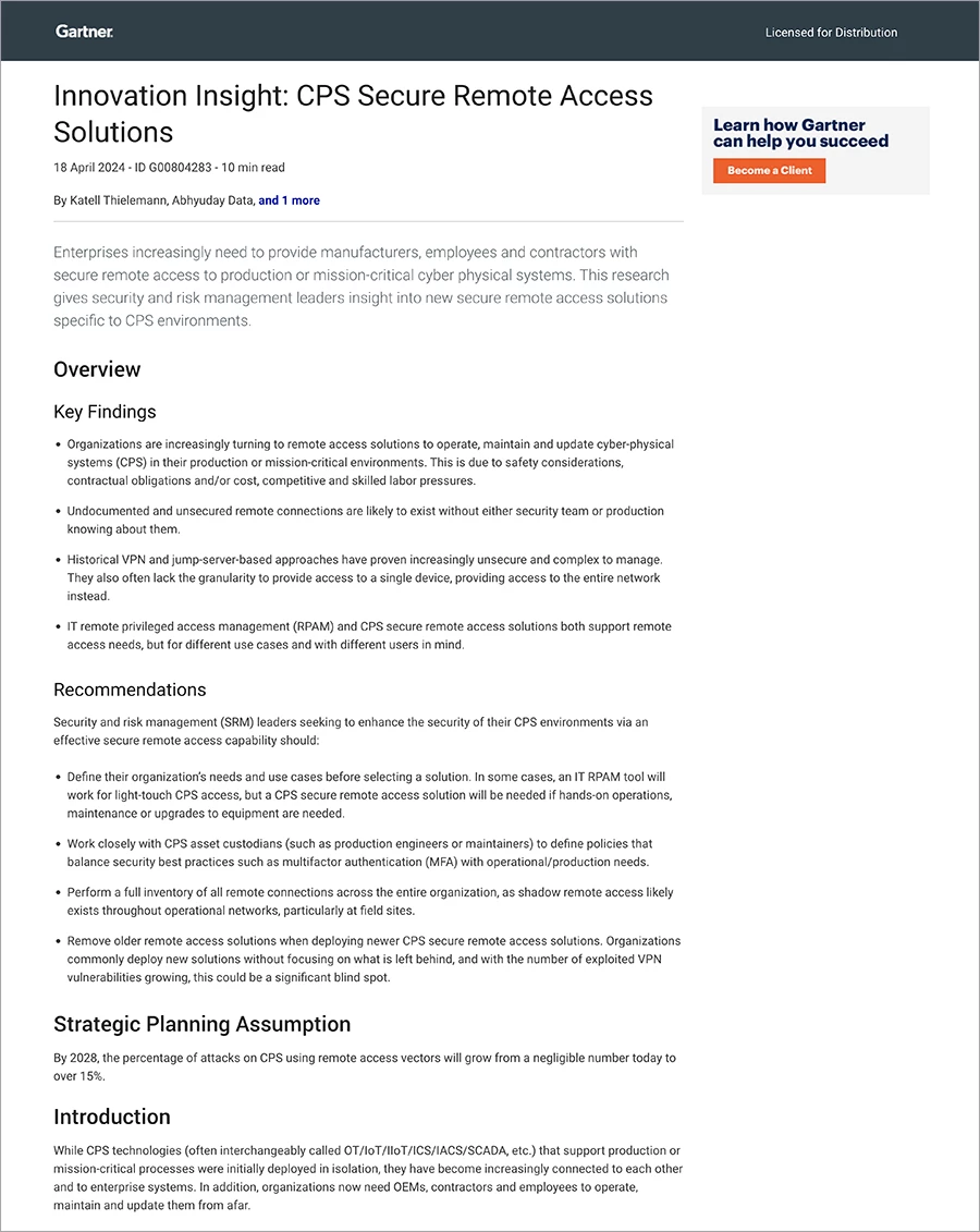 Gartner® Report Innovation Insight Cps Secure Remote Access Solutions